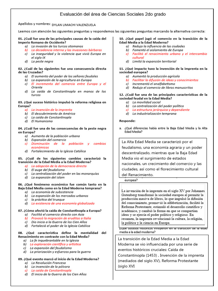 Evaluacion 2do de Sec DYLAN LIMACHI VALENZUEA | PDF | Edades medias | Período moderno temprano