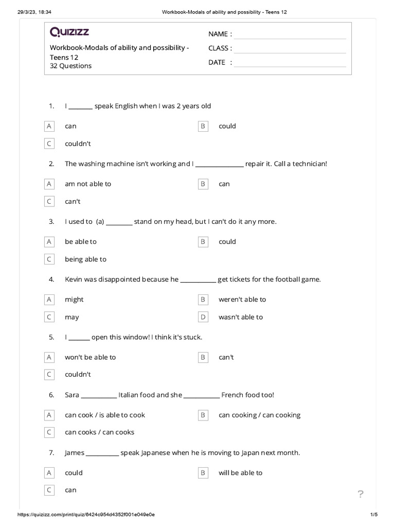 Workbook-Modals of Ability and Possibility - Teens 12 | PDF