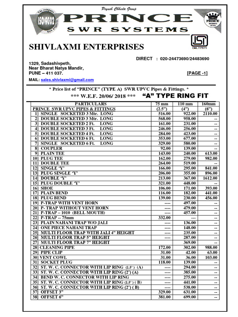 prince price list dt 20.6.2018 | PDF | Pipe (Fluid Conveyance) | Gas ...