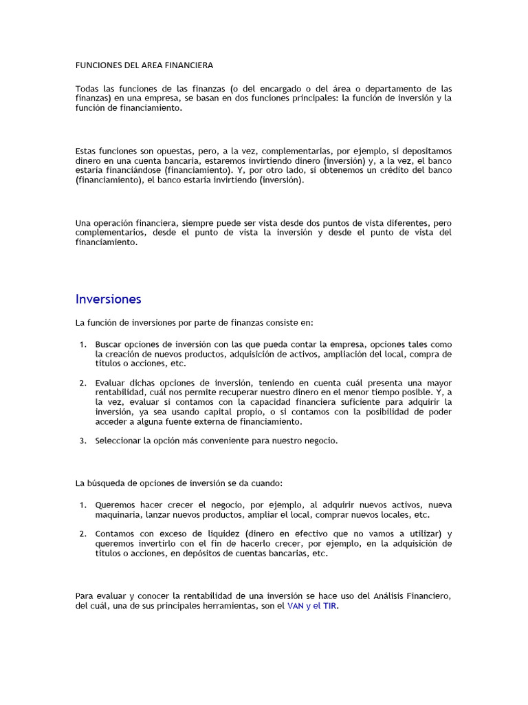Funciones Del Area Financiera | PDF | Bancos | Economía Financiera