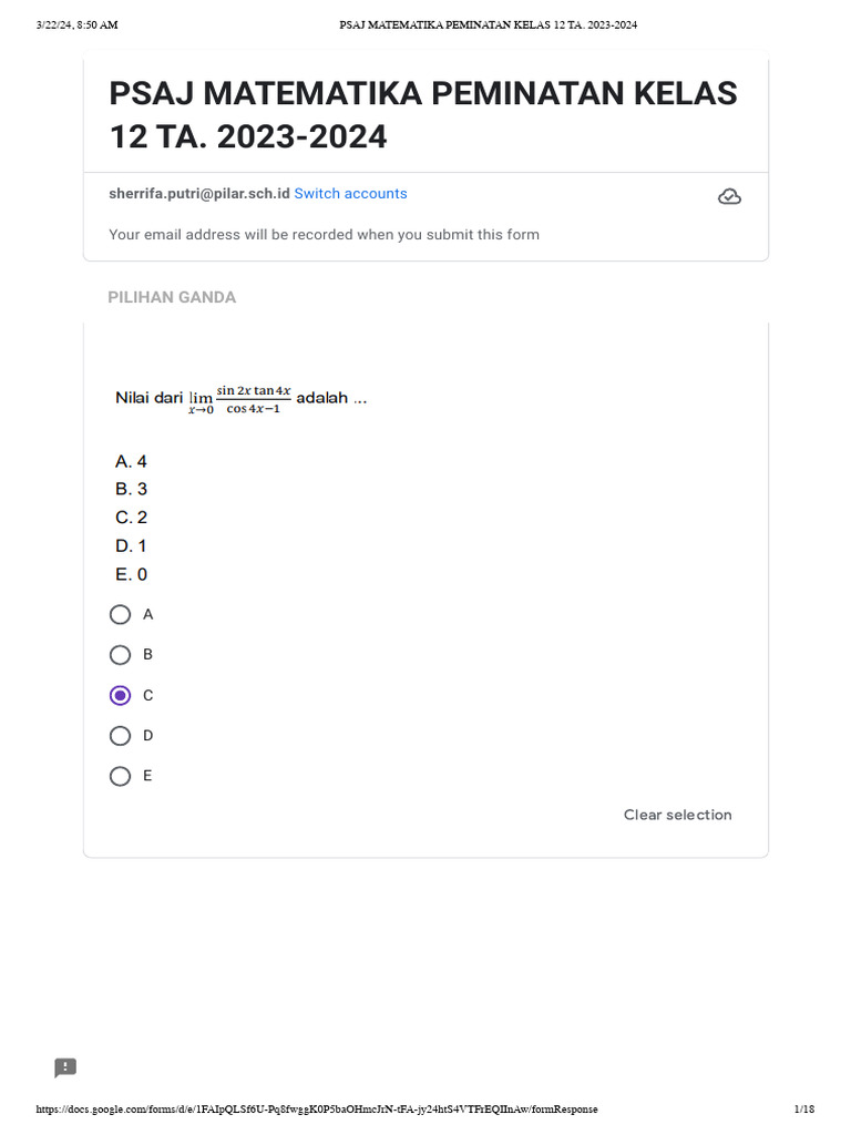 Psaj Matematika Peminatan Kelas 12 Ta. 2023-2024 | PDF