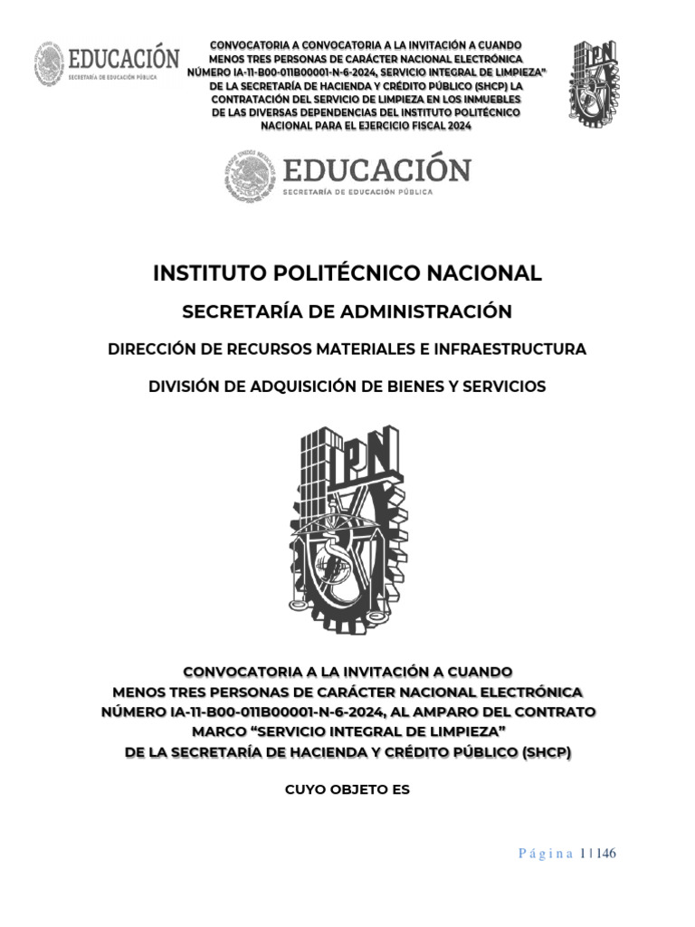 Convocatoria para Contrato de Limpieza Con El IPN 2024 | PDF | México