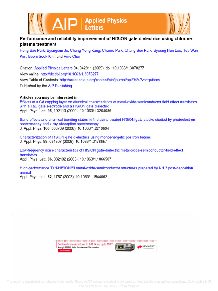 Performance and Reliability Improvement of Hfsion Gate Dielectrics Using Chlorine Plasma ...
