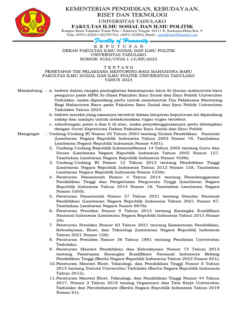 SK Tim Pelaksana Mentoring Bagi Mahasiswa Baru MPM Al-Jihad | PDF | Ilmu Sosial | Pengembangan Diri