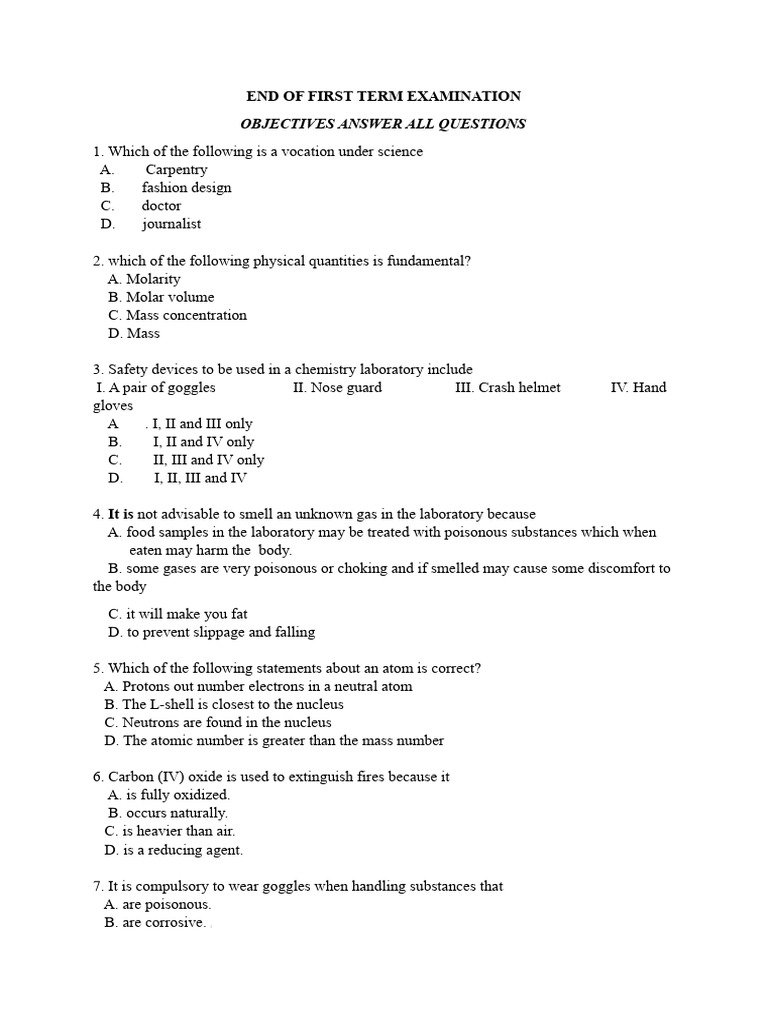 First Term Science Exam Questions | PDF | Atoms | Atomic Nucleus