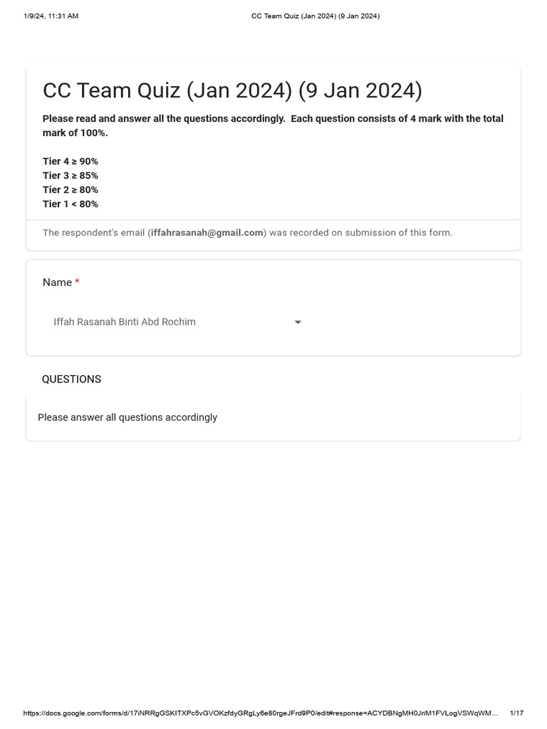 CC Team Quiz (Jan 2024) - Google Forms | PDF | Finance & Money Management