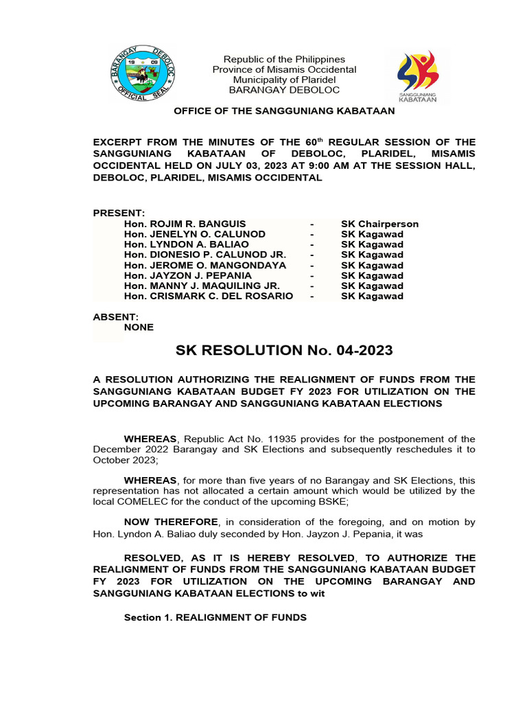 SK Resolution on Fund Realignment for Elections | PDF | Politics ...