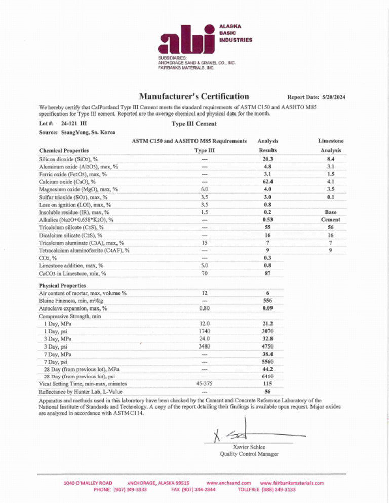 ABI Cement Type III Mill Certificate 1 2 | PDF