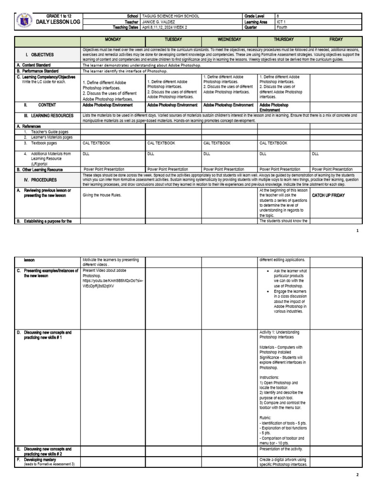 Grade 8 ICT Daily Lesson Log: Photoshop | PDF | Learning | Human ...