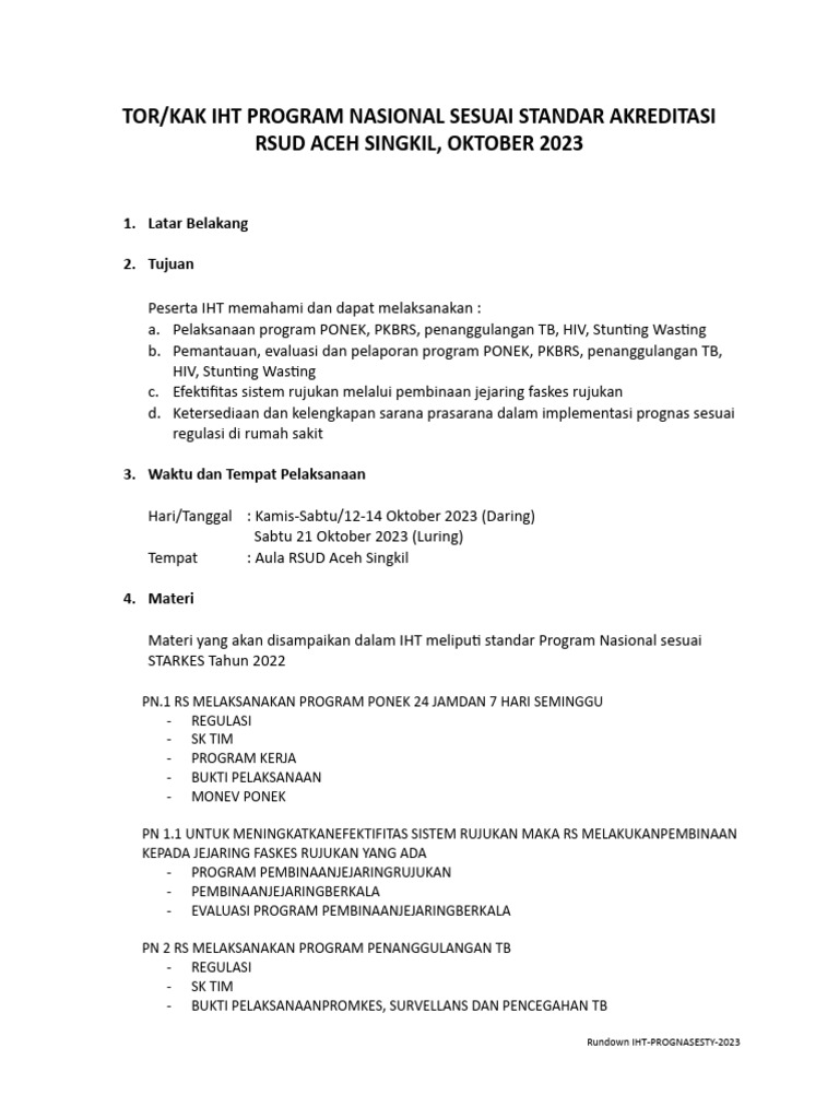 RUNDOWN IHT PROGNAS RSUD SINGKIL 2023 Copy Edit | PDF
