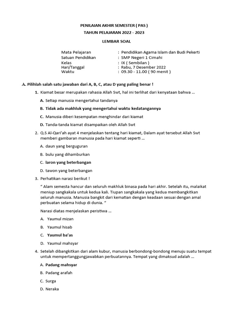 Soal Pas Pai BP Kelas 9 Tahun 2022-2023 | PDF