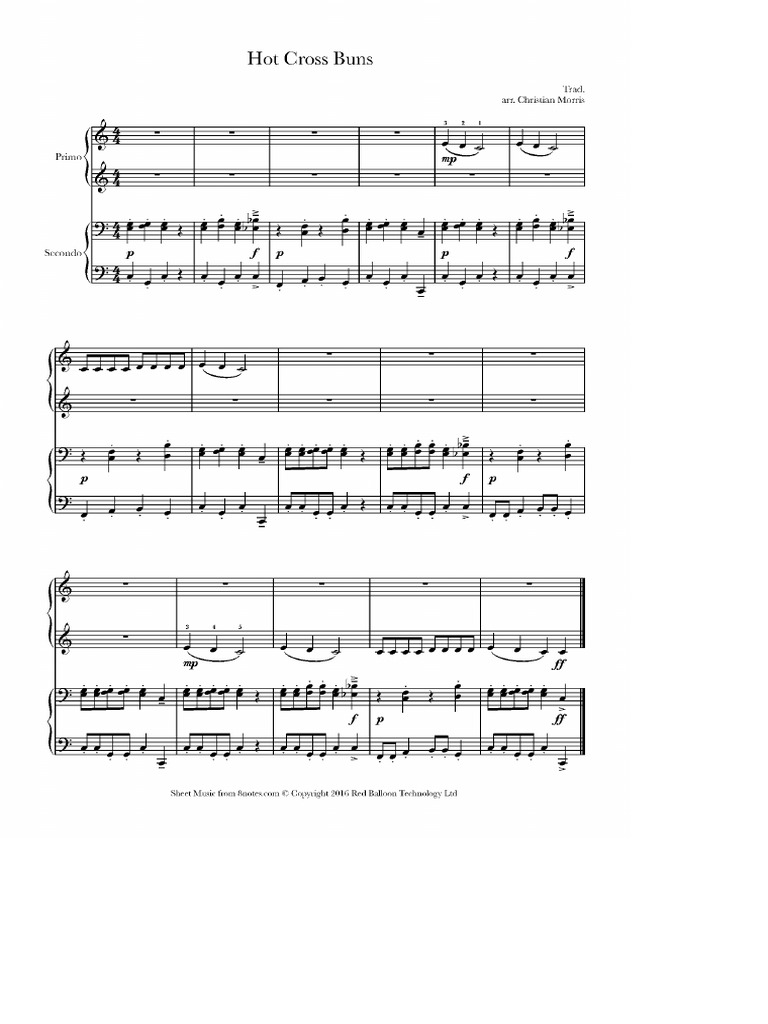 Hot Cross Buns Sheet Music For Piano Duet | PDF