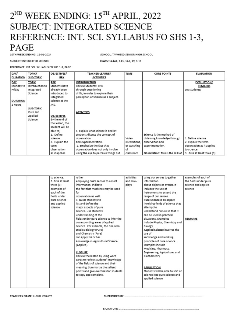 SHS Integrated Science Lesson Plans | PDF | Scientific Method | Science