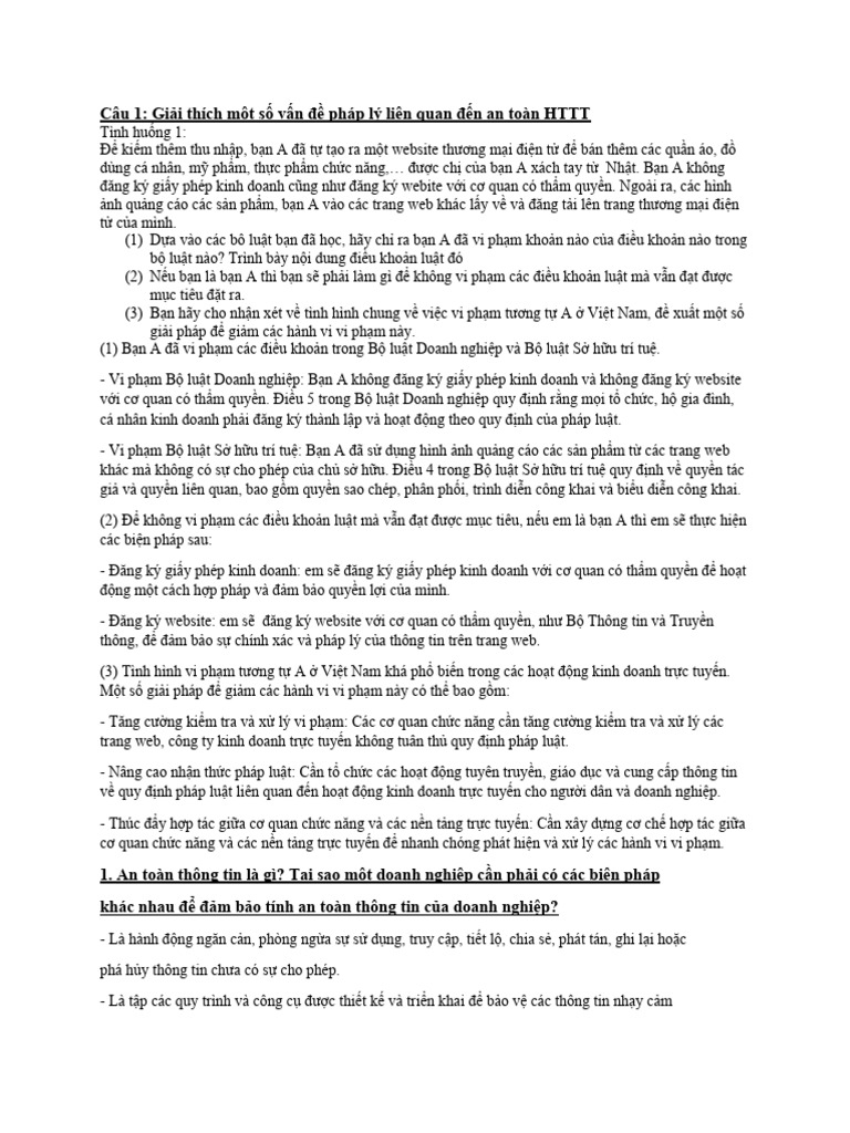 Câu 1: Giải thích một số vấn đề pháp lý liên quan đến an toàn HTTT | PDF