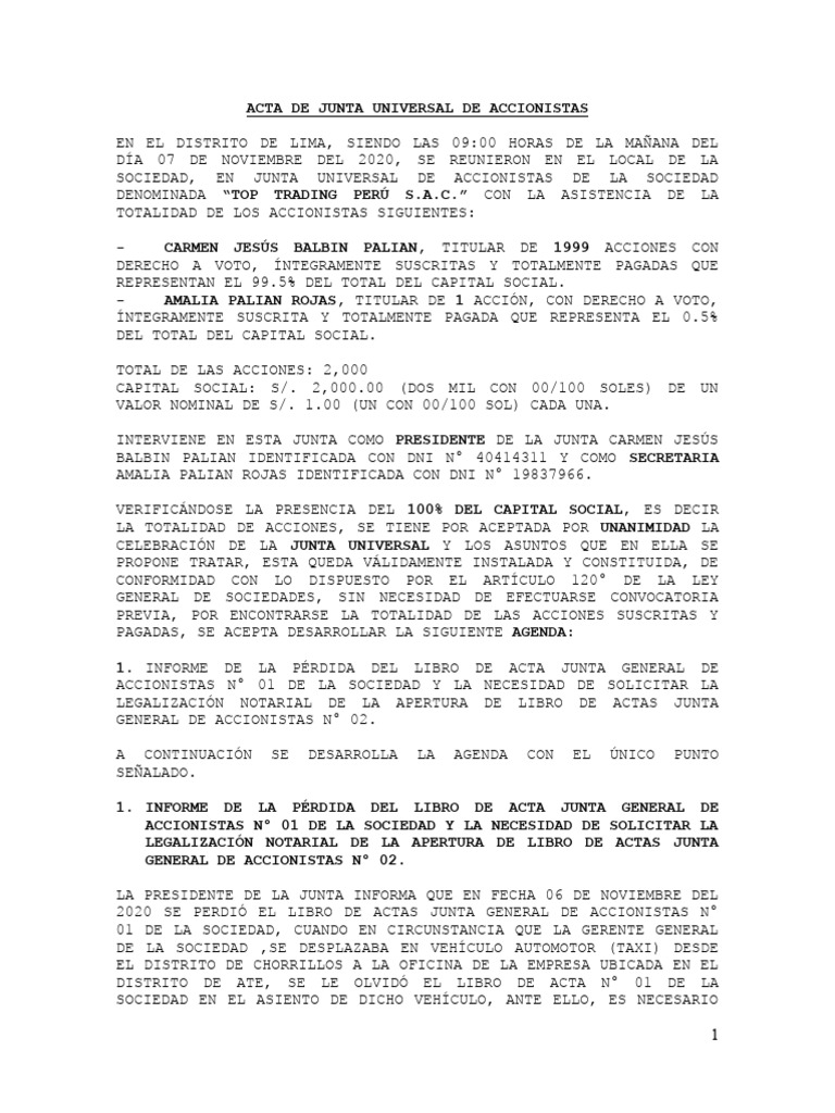 Acta de Junta General de Accionistas Perdida de Libros Actas 1 | PDF | Gobierno