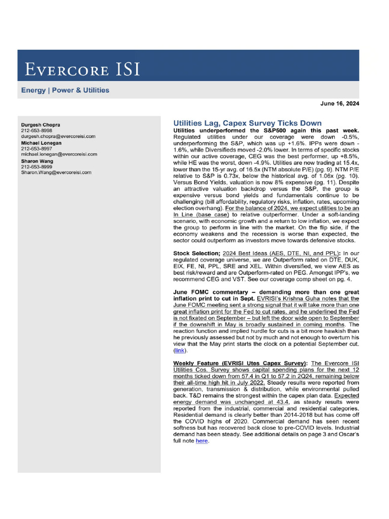 Evercore - Utilities Lag, Capex Survey Ticks Down - 20240616 | PDF