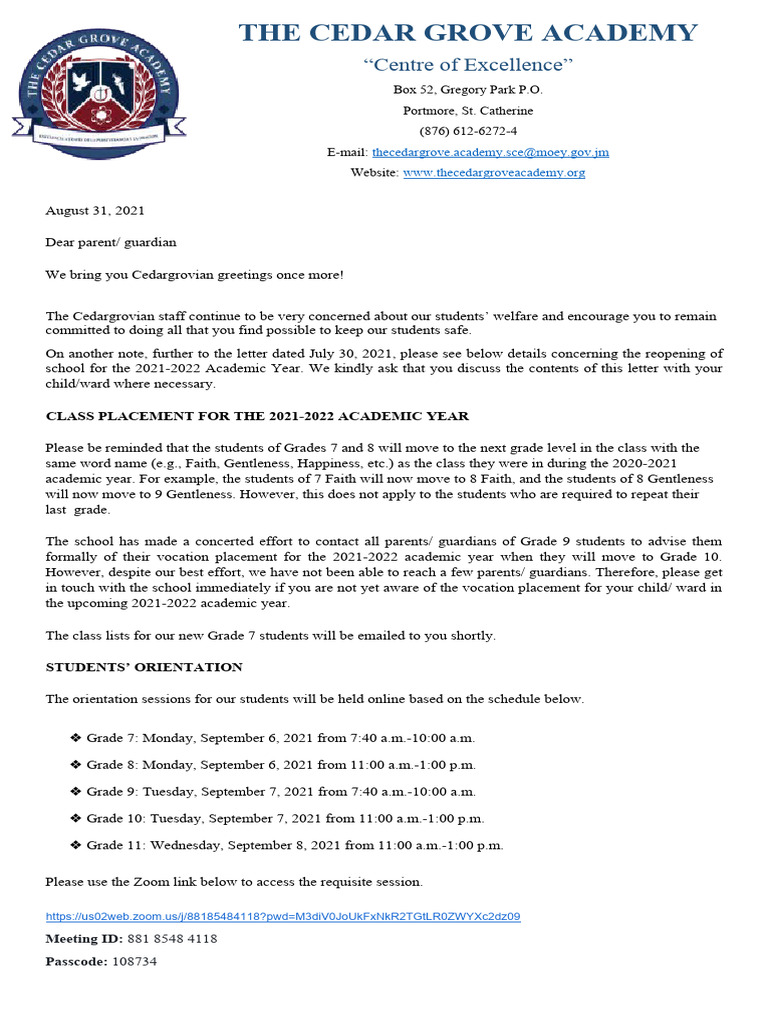 Letter To Parents Reopening of School September 1 J 2021 | PDF