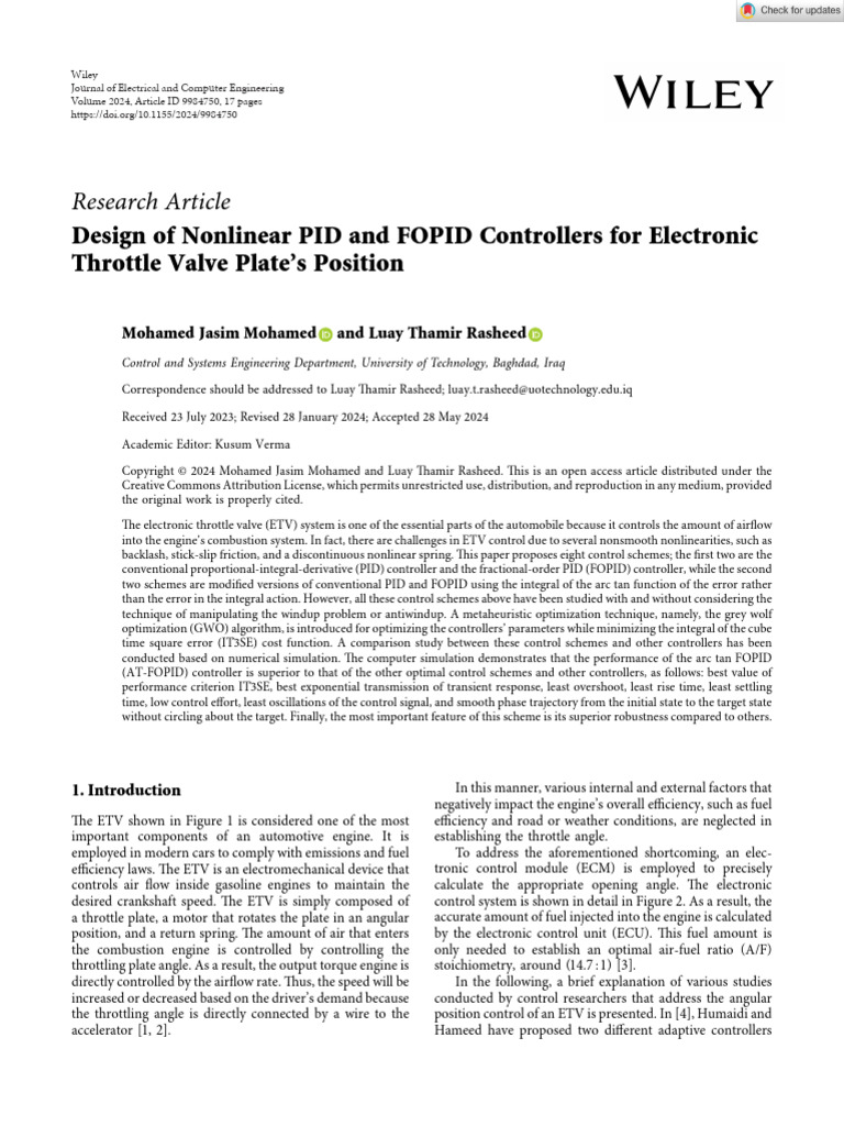 Journal of Electrical and Computer Engineering - 2024 - Mohamed - Design of Nonlinear PID and ...