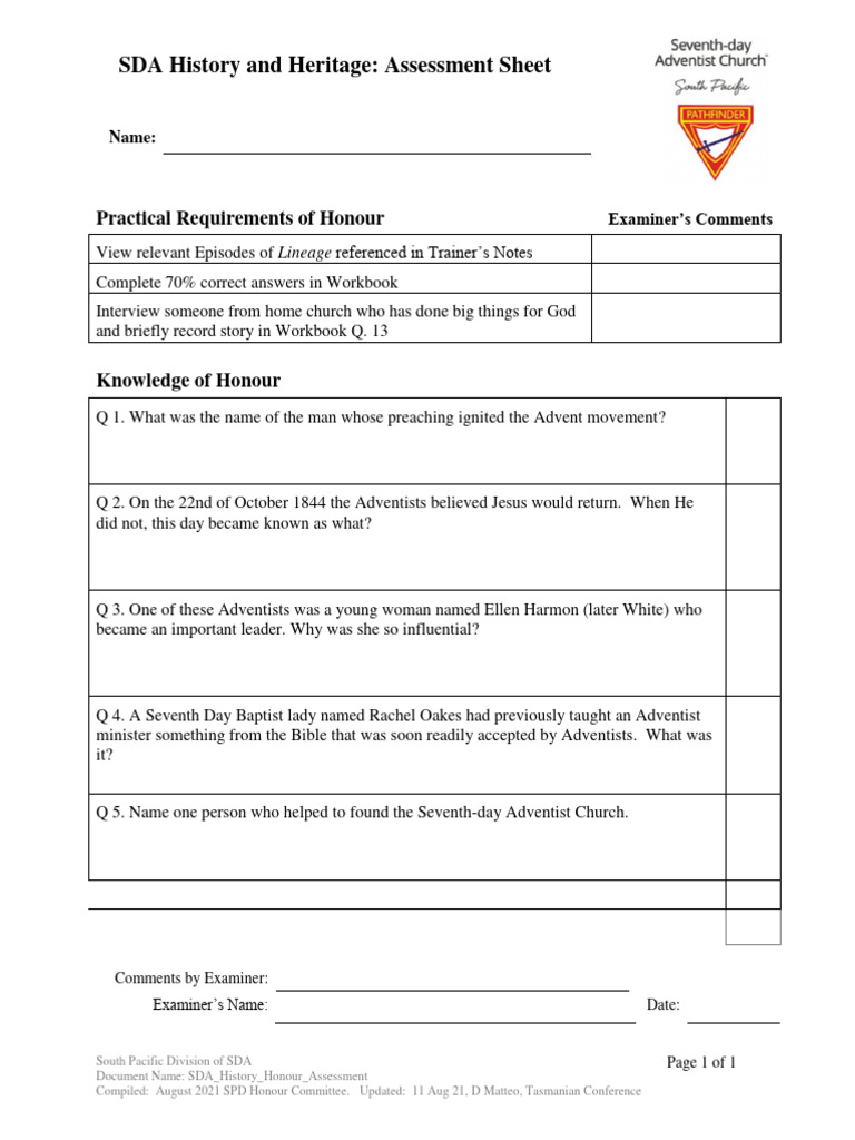 SDA History Assessment Sheet | PDF | Religion & Spirituality