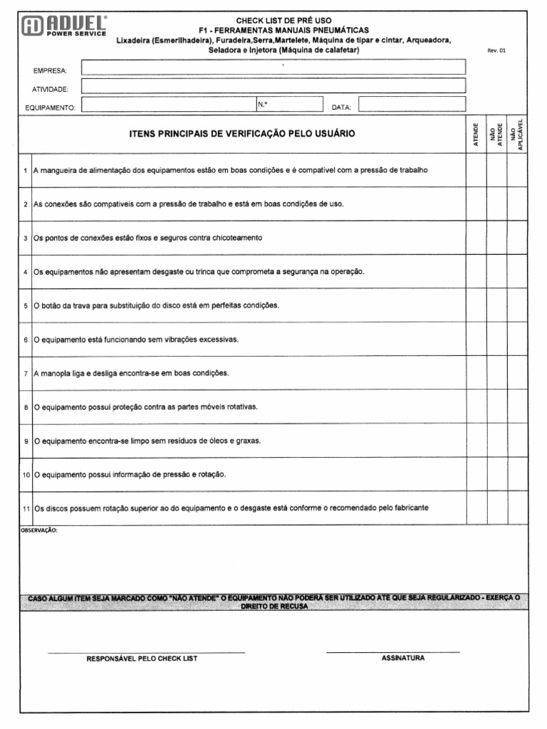 Checklist Lixadeira - ADVEL | PDF