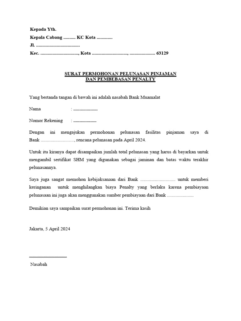 Contoh Surat Permohonan Bebas Penalty | PDF