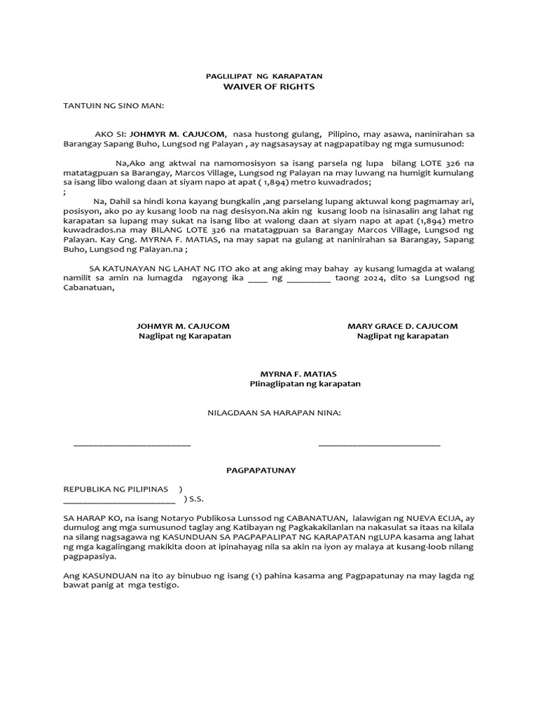 WAIVER OF RIGHTS Property TAGALOG | PDF