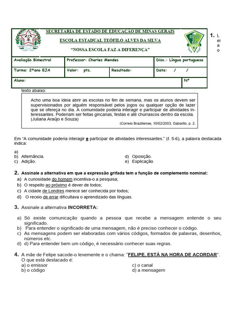 Prova Bimestral 2º EJA Língua Portuguesa | PDF