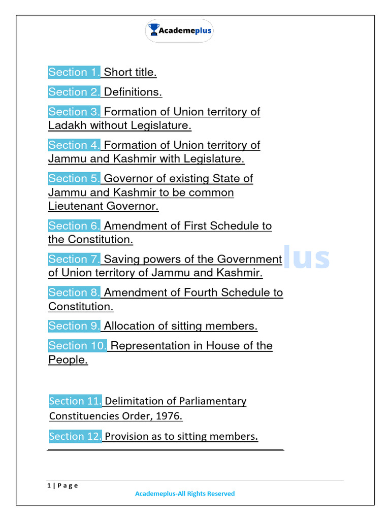 Sections of J&K Reorganisation Act 2019 | PDF | Constitutional Law ...
