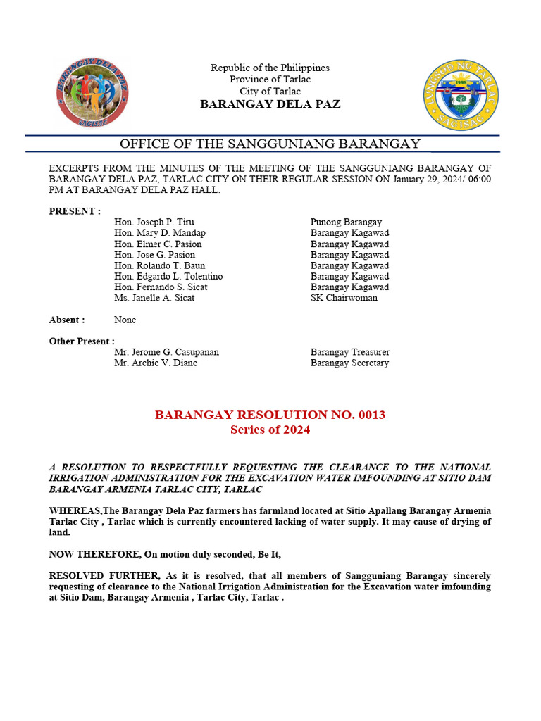 Barangay-Resolution-No. 0013 REQUESTING CLEARANCE TO NIA | PDF