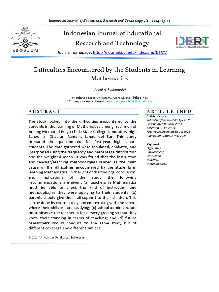 Difficulties Encountered by The Students in Learning Mathematics | PDF ...