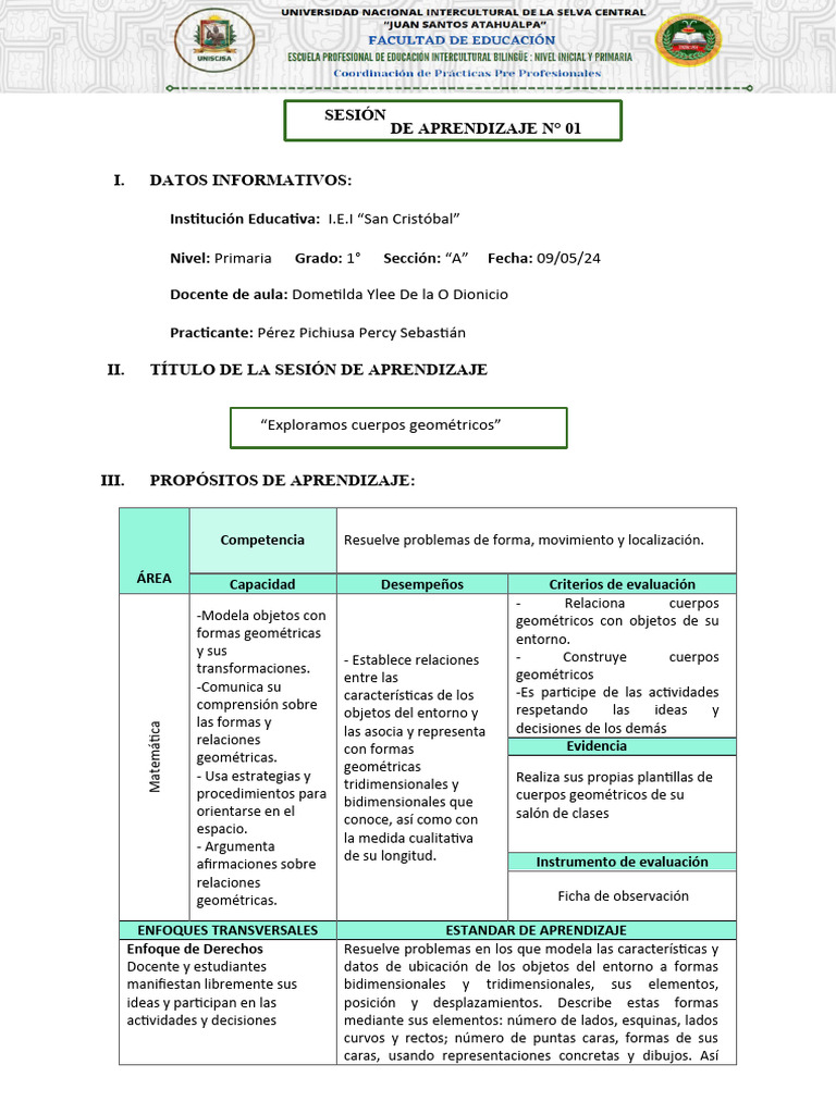 Sesión de Aprendizaje 1 - Matematica | PDF | Geometría | Aprendizaje