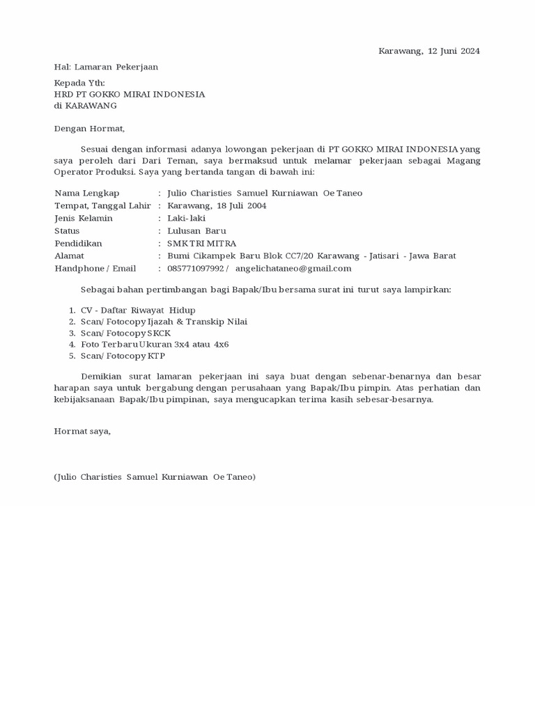 Lamaran-pt Gokko Mirai Indonesia (1) | PDF