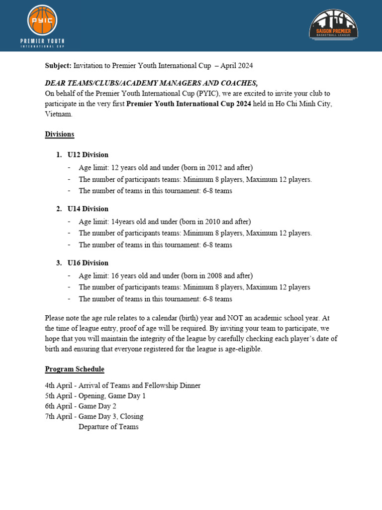 Invitation to Premier Youth Cup 2024 | PDF | Sports & Recreation