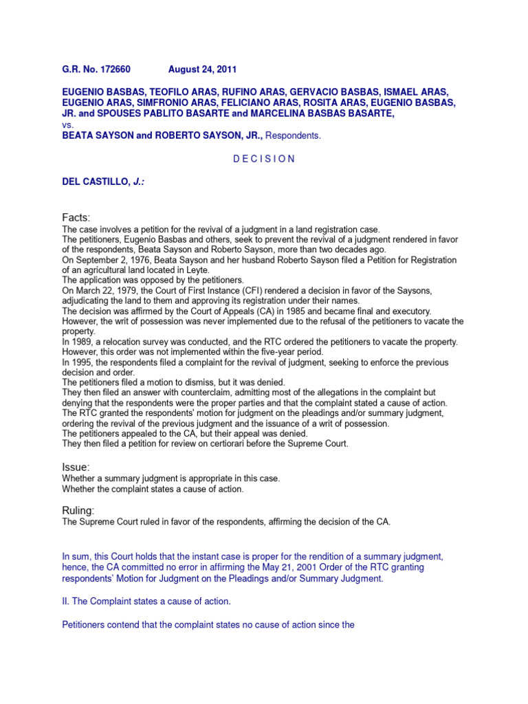Civpro - BASBAS V. SAYSON - 172660 - Sanchez | PDF | Complaint | Judgment (Law)