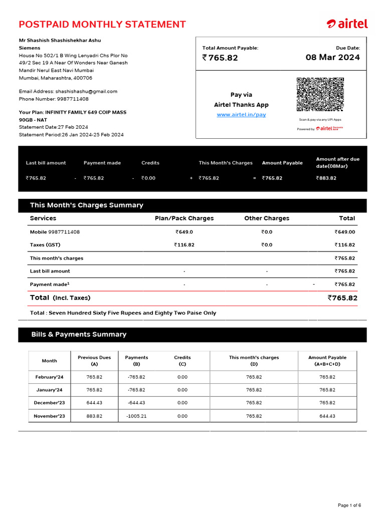 Postpaid Monthly Statement: Pay Via Airtel Thanks App | PDF | Payments ...
