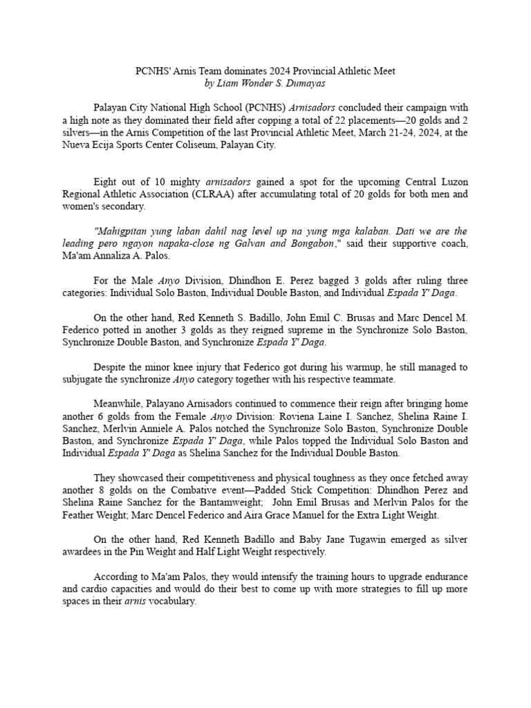 PCNHS' Arnis Team Dominates 2024 Provincial Athletic Meet | PDF ...