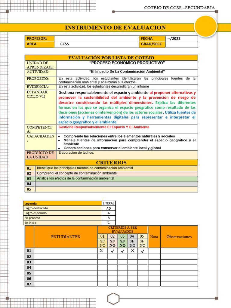 Cotejos 5° CCSS Sem 1 Uni 4 | PDF | Entorno natural | Evaluación
