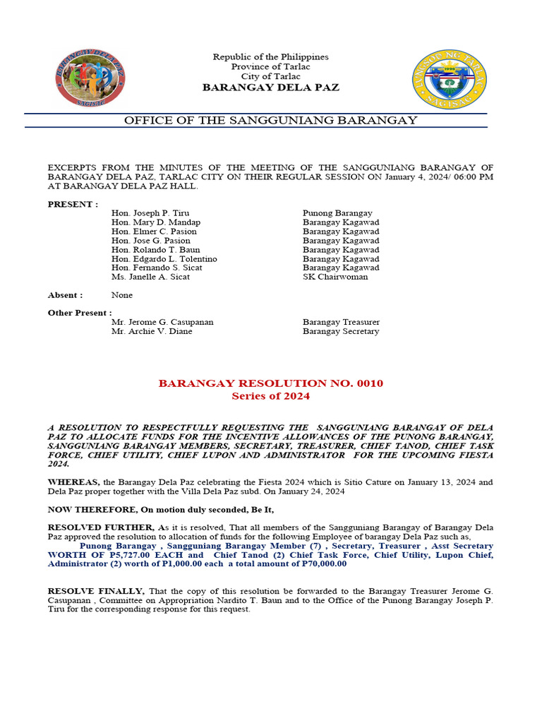 Barangay Resolution No. 0010 | PDF