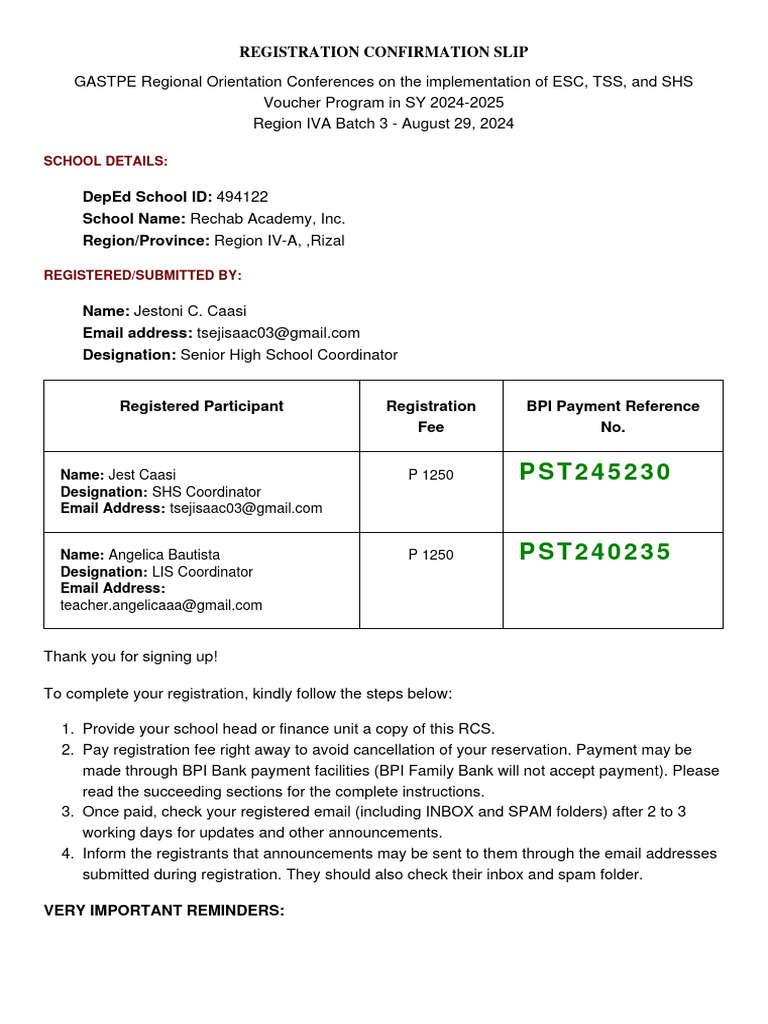 Deped School Id: School Name: Region/Province:: Registration ...