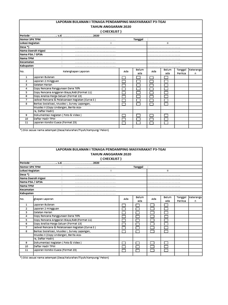 Checklist Lap Tpm 1 Pdf