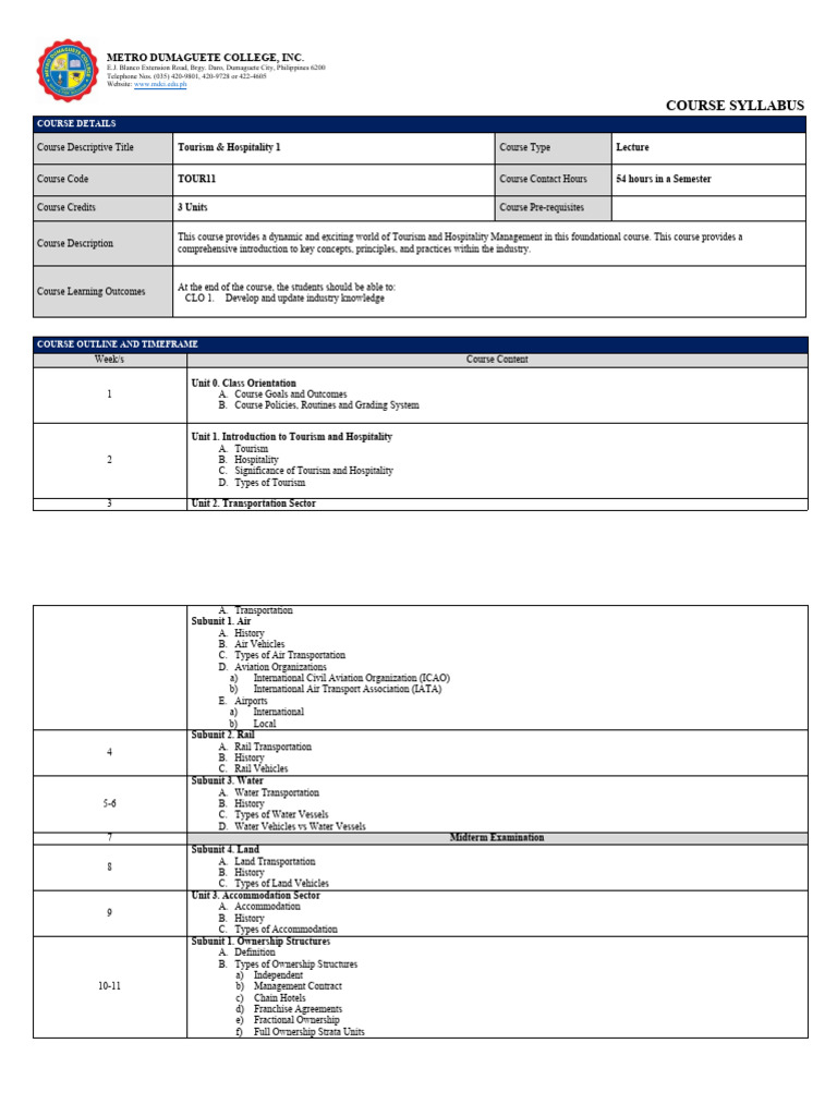 COURSE SYLLABUS Tourism Hospitality 1 | PDF | Educational Technology ...
