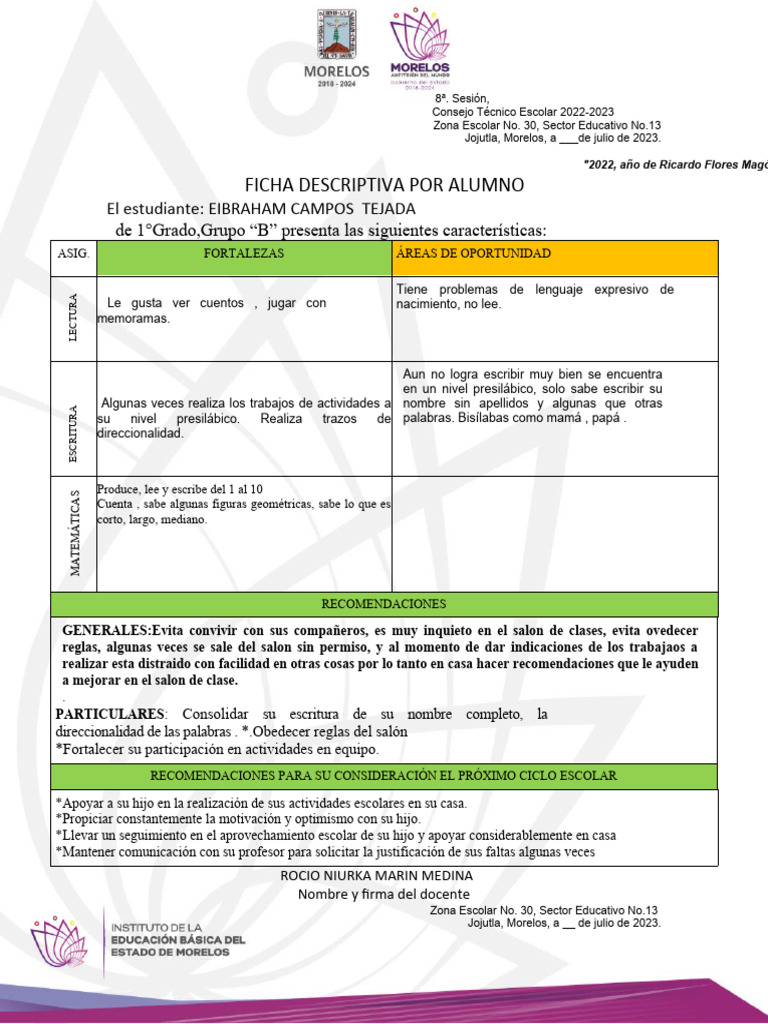 FICHAS DESCRIPTIVAS REZAGO Alumnos de 1er Grado Primaria | PDF | Comprensión lectora | Tolerancia