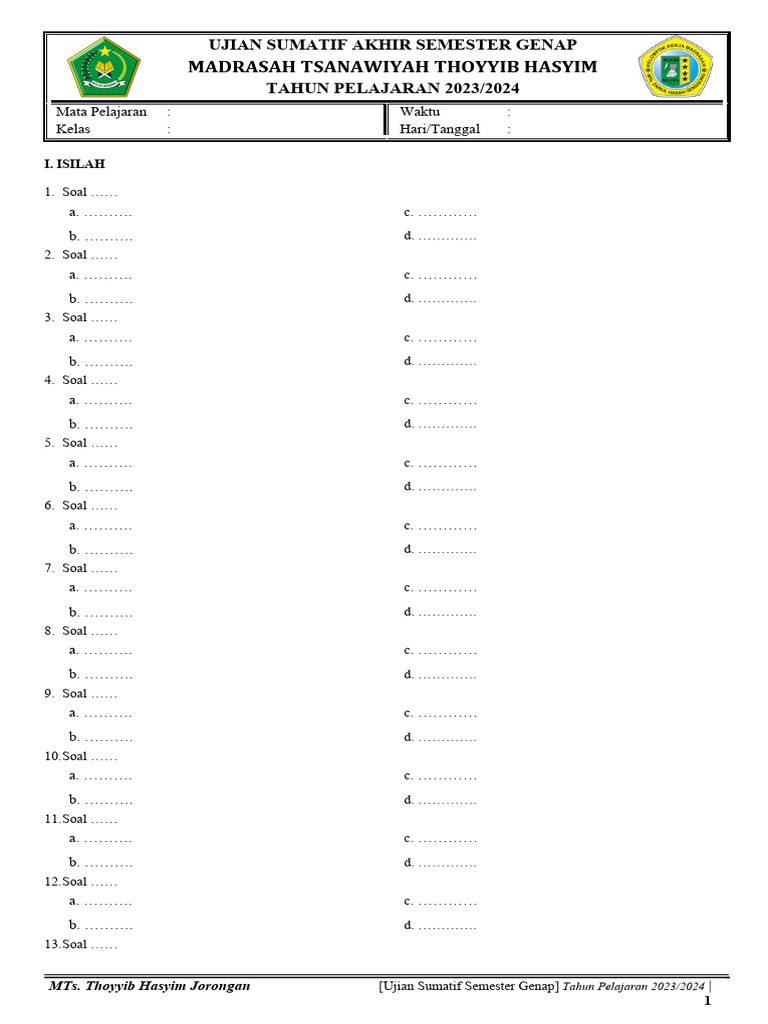 Blangko Soal Ujian Sumatif Semester Genap 2023-2024 | PDF
