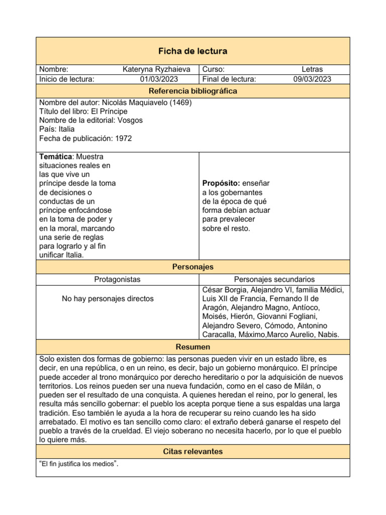 Fichas el principe | Descargar gratis PDF | El príncipe | Nicolás Maquiavelo