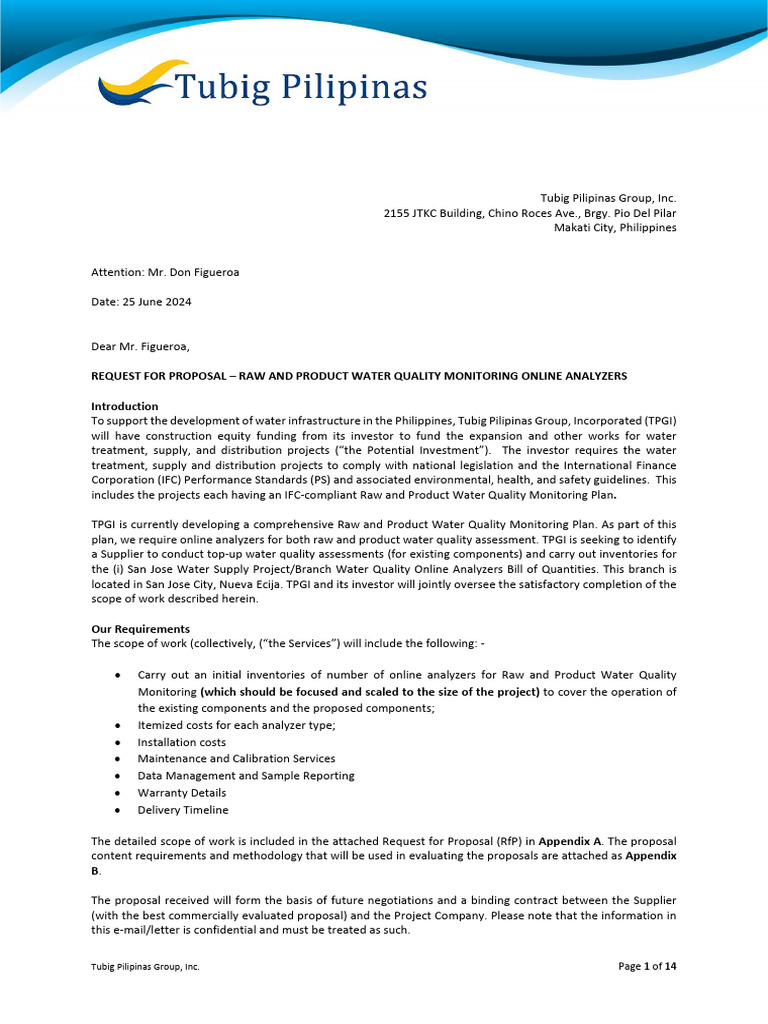 RFP - Raw and Product Water Quality Online Analyzers | PDF | Water ...