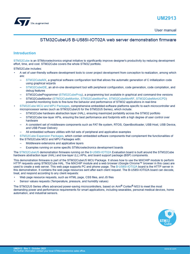 Um2913 Stm32cubeu5 Bu585iiot02a Web Server Demonstration Firmware Stmicroelectronics Pdf