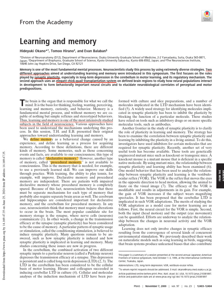 Okano - (Khớp Dẻo TK Learning and Memory) | PDF | Memory | Synapse