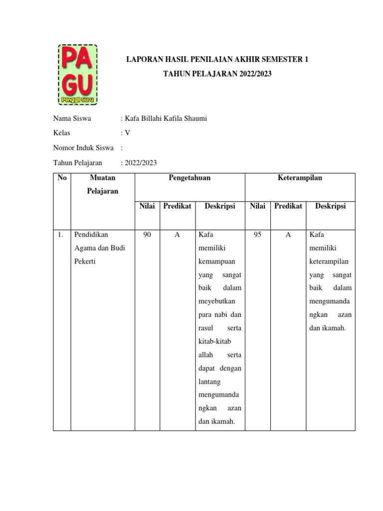 Laporan Penilaian Kelas V 2022/2023 | PDF