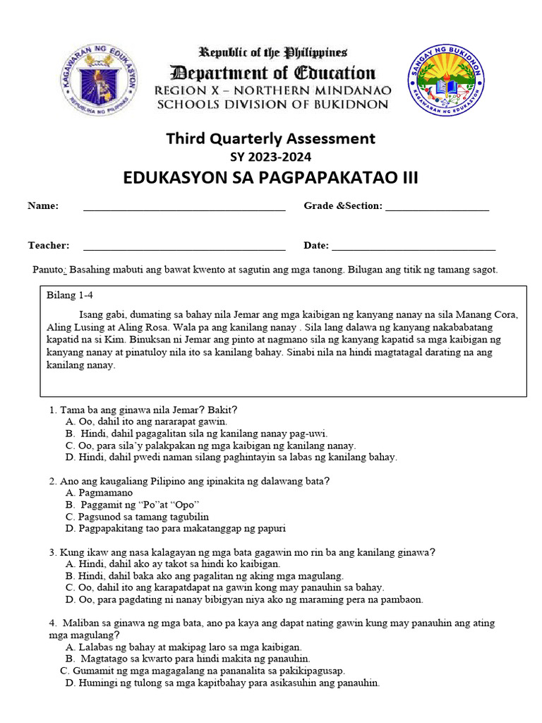 Edukasyon Sa Pagpapakatao Iii: Third Quarterly Assessment | PDF