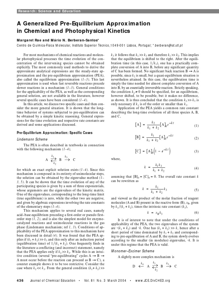 A Generalized Pre-Equilibrium Approximation in Chemical and ...